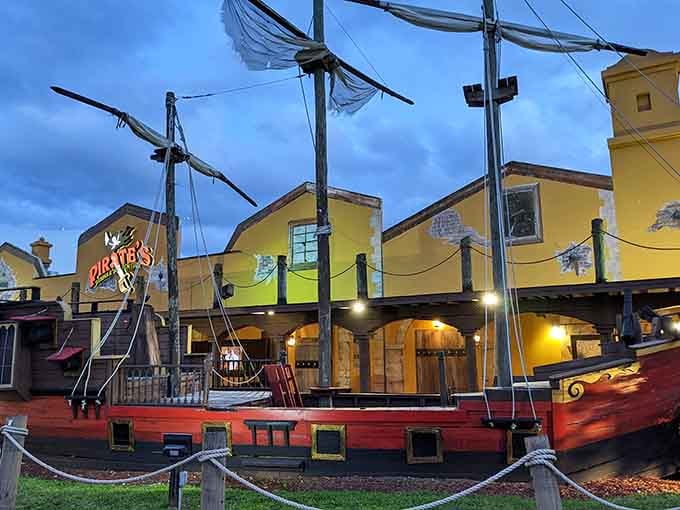 That exterior ship isn't just for show, it's your first clue that someone here takes pirate commitment seriously.