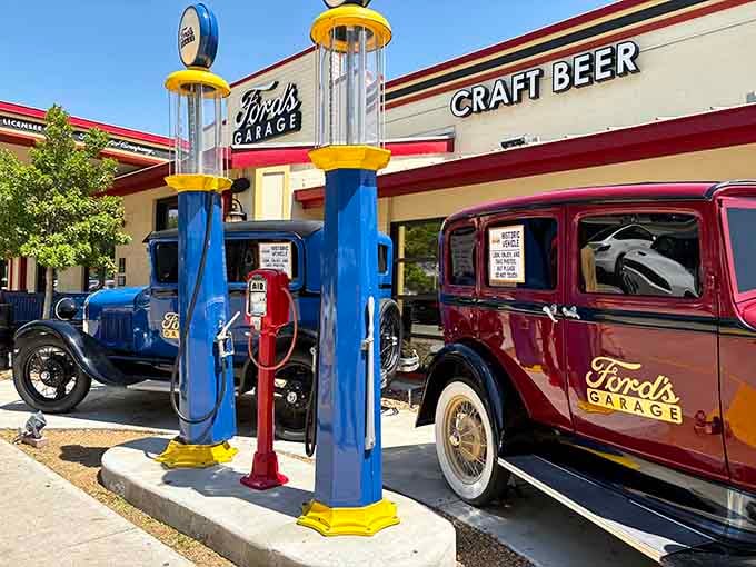 When gas pumps become greeters and classic Fords set the stage, you know dinner just got infinitely more interesting.
