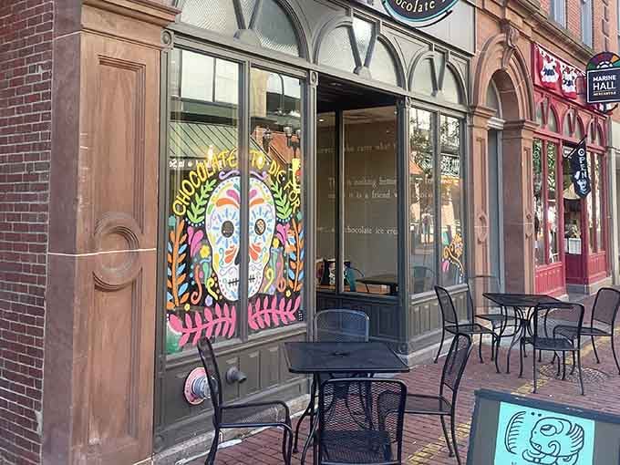 The colorful storefront beckons chocolate lovers with Day of the Dead artwork that's equal parts festive and inviting.