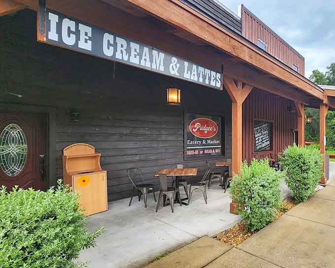 Ice cream and lattes under a rustic awning, because sometimes you need dessert before you've even finished your massive tenderloin sandwich.