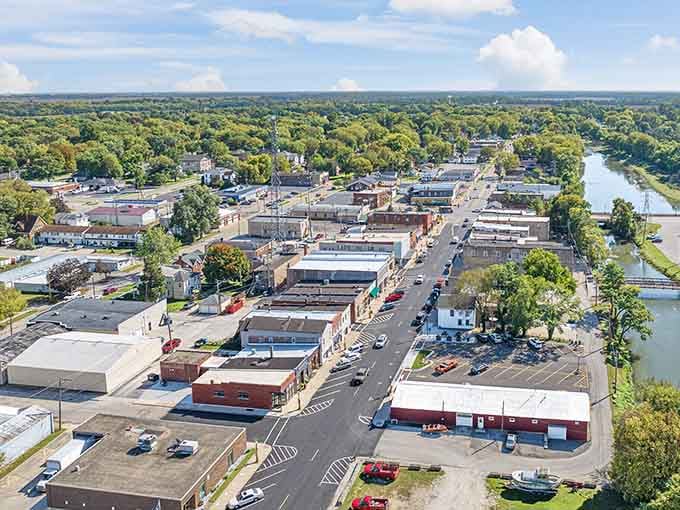From above, Wilmington's downtown stretches along the Kankakee River like a postcard from America's better days.