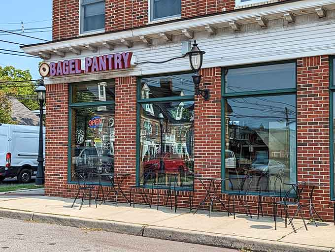 The brick corner location gives Bagel Pantry that classic neighborhood feel that makes every visit feel like coming home.