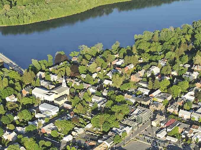 From above, this riverside gem nestles between water and greenery like a perfectly placed jewel in Pennsylvania's crown.
