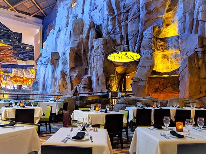 When the waterfall changes from gold to blue, you know the lighting designer earned every penny.