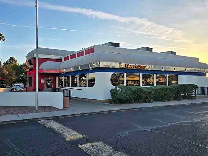The streamlined architecture and blue awning practically whisper "breakfast done right" before you even step inside the door.