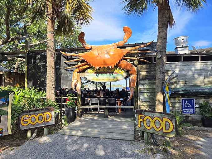 That giant orange crab isn't just decoration, it's a promise of the crustacean paradise waiting inside.