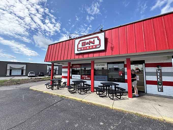 That bright red exterior isn't just catching your eye&mdash;it's calling you home to breakfast heaven in Lafayette.