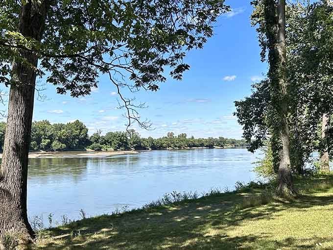 The Wabash River flows peacefully past Harmonie, proving Indiana's got more water views than just Lake Michigan.