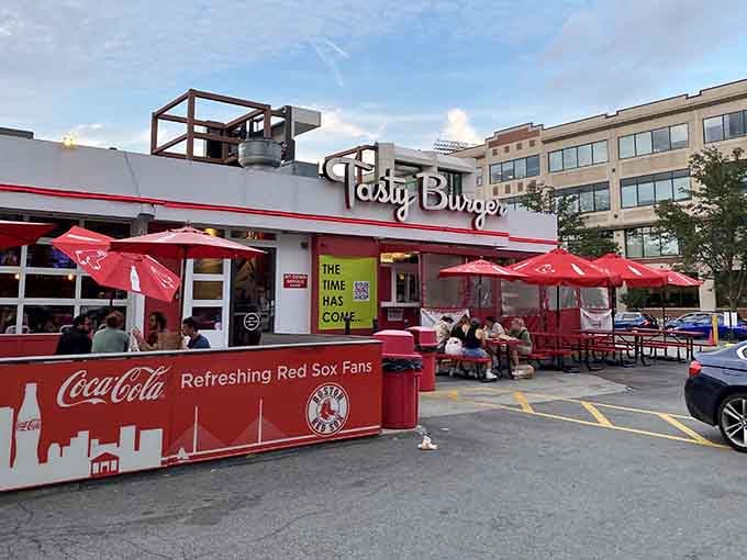 That retro red-and-white exterior isn't just for show; it's a beacon calling hungry souls to burger salvation.