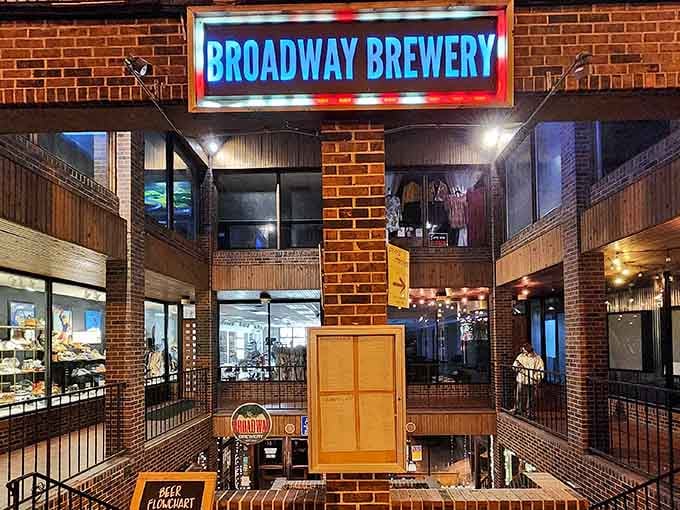 The glowing entrance promises good times ahead, where brewing tradition meets serious sandwich-making skills.