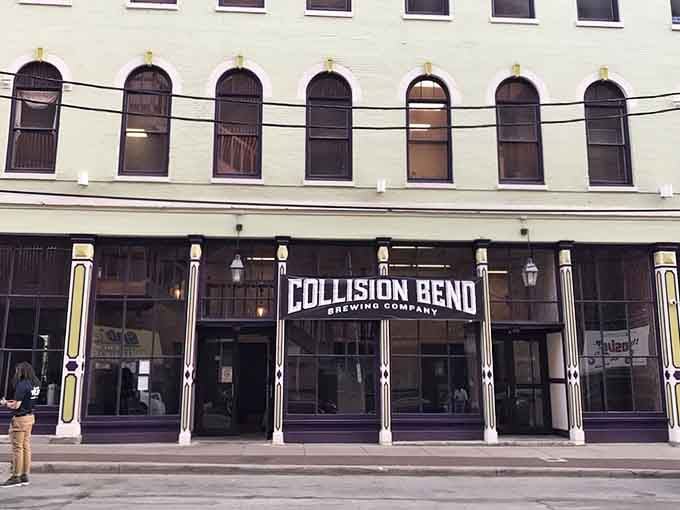 Collision Bend Brewing Company's storefront promises good times ahead, with those distinctive tap-handle columns standing like sentries of flavor.