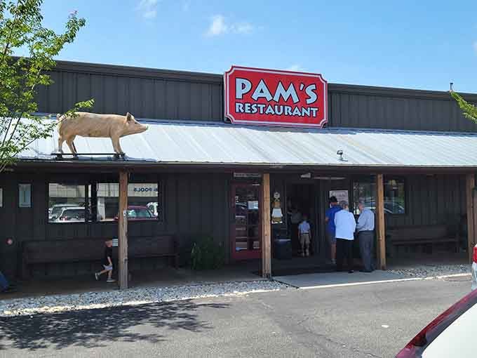 That pig on the roof isn't just decoration, it's a promise of pork-filled happiness waiting inside.