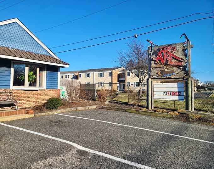 That charming blue exterior and welcoming sign are just the start of the delicious experience waiting inside.