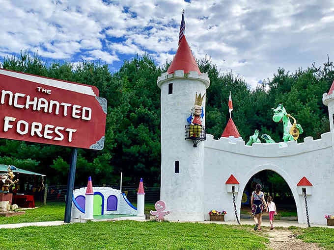 That sign pointing to The Enchanted Forest isn't lying, there's an actual castle with turrets waiting beyond those trees.