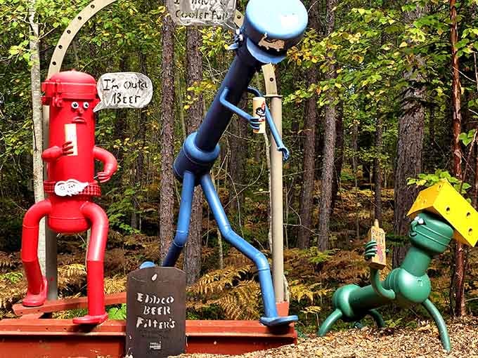 Three beer buddies having a philosophical debate about life, rendered in cheerful metal and endless Upper Peninsula charm.