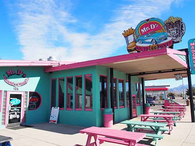 That turquoise and pink exterior isn't just eye-catching &ndash; it's a full-blown time machine parked on Route 66.