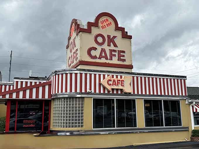 The "Open All Day" promise on that vintage sign means breakfast at dinner time is totally acceptable and encouraged.