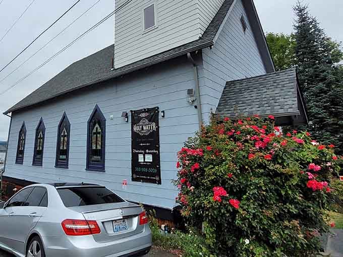 That white church exterior with Gothic windows isn't fooling anyone anymore, it's serving brunch now.