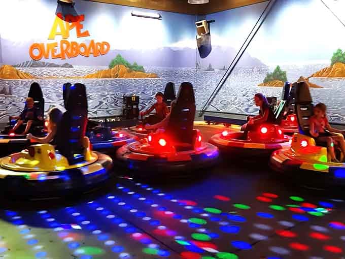 These spinning bumper boats light up like a disco while kids navigate them like tiny, enthusiastic sea captains.