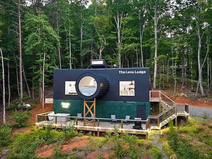That massive circular lens opening isn't just architectural whimsy, it's your window to the Georgia mountains framed perfectly.