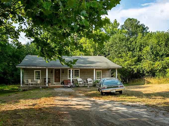 There it is: the most famous ranch house in streaming history, complete with that iconic vintage ride parked out front.