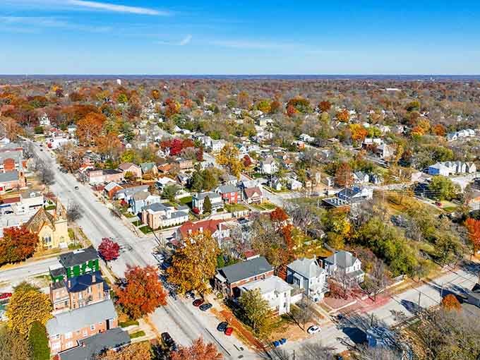 Tree-lined streets stretching toward the horizon, where affordable dreams and autumn colors paint retirement possibilities in every direction.
