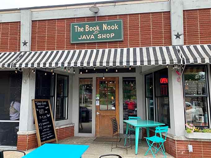Those classic striped awnings and turquoise tables whisper "come sit, stay awhile, life's too short to rush."