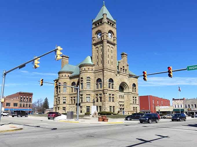 That magnificent Romanesque courthouse tower rising like a beacon, reminding you that civic pride never goes out of style.