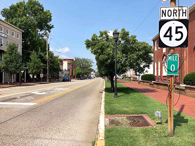 Route 45 marks Mile 0 in Salem, where tree-lined streets and brick sidewalks invite you to slow down and actually enjoy the journey.