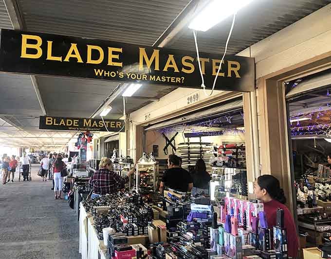 The Blade Master booth proves that even knife shopping can have a philosophical edge to it.