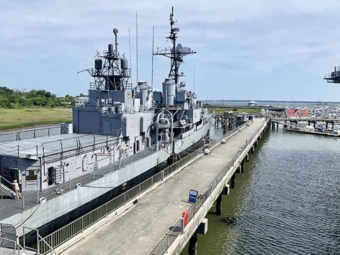 Walking the pier at Patriots Point feels like approaching a floating neighborhood made entirely of battleship gray steel.