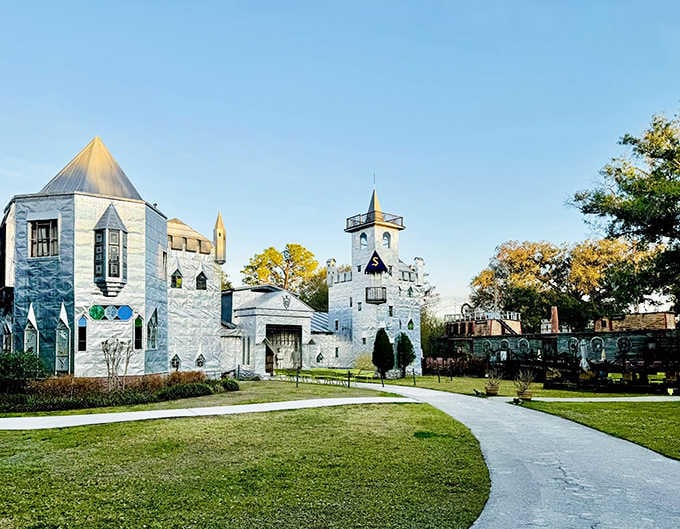 A shimmering fortress rises from the Florida landscape, proving that aluminum printing plates make surprisingly majestic building materials.