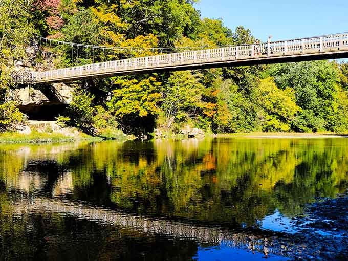 Fall colors paint the water like a Monet masterpiece, proving Indiana's autumn rivals anything New England offers.