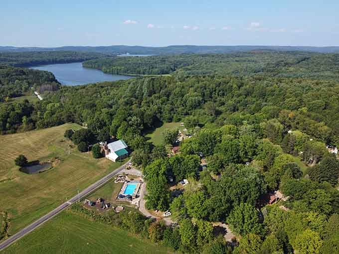 The aerial view reveals Bear Run's sprawling grounds nestled between forests and lake, making your backyard look adorably tiny.