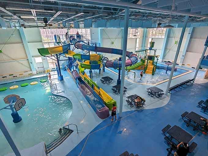 From above, the waterpark sprawls like an aquatic playground designed by someone who refused to think small or seasonal.