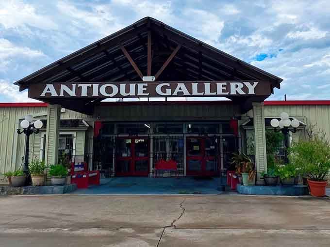 That welcoming entrance promises hours of treasure hunting under those dramatic Texas skies and rustic beams overhead.