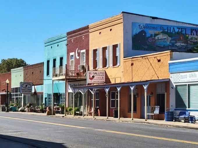 Colorful storefronts and small-town charm line the streets of Hazel, Kentucky, where history and Southern hospitality warmly welcome visitors.
