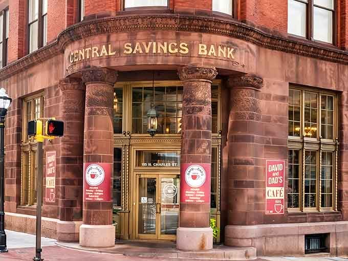 That "Central Savings Bank" inscription isn't just for show; this architectural beauty now serves up breakfast instead of interest rates.
