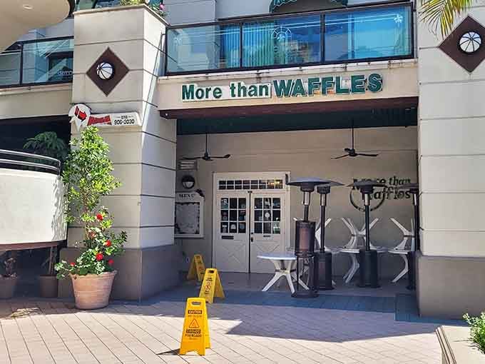 The full exterior view showing outdoor tables ready to host your next breakfast pilgrimage to Encino.