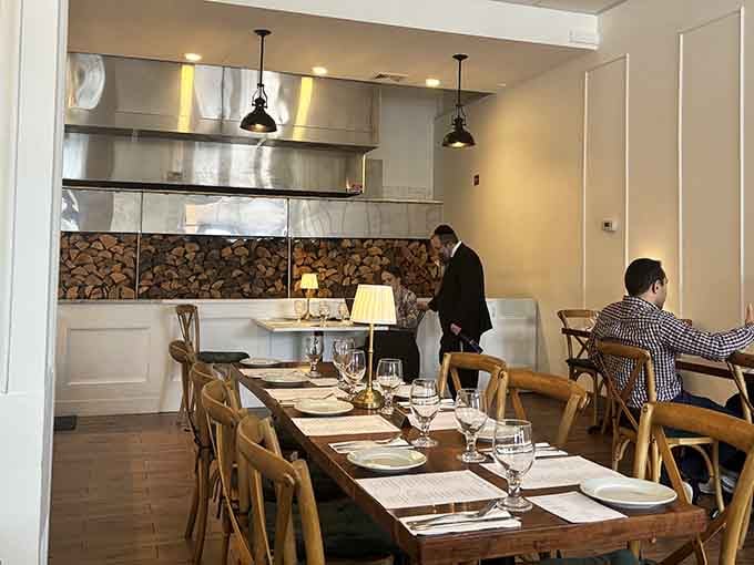 Wood tables and subway tiles create the perfect backdrop for serious sandwich consumption and happy food comas.