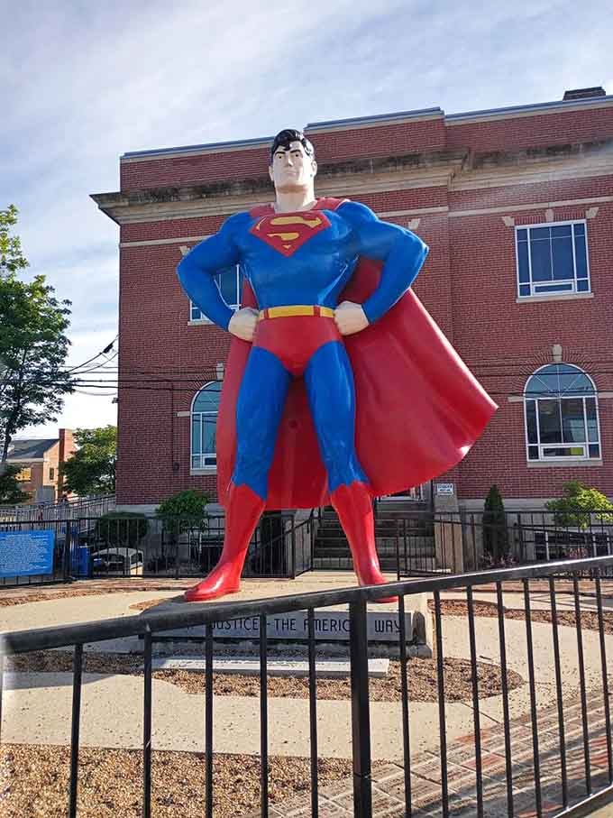 Superman's determined gaze surveys downtown Metropolis, protecting truth, justice, and excellent photo opportunities.