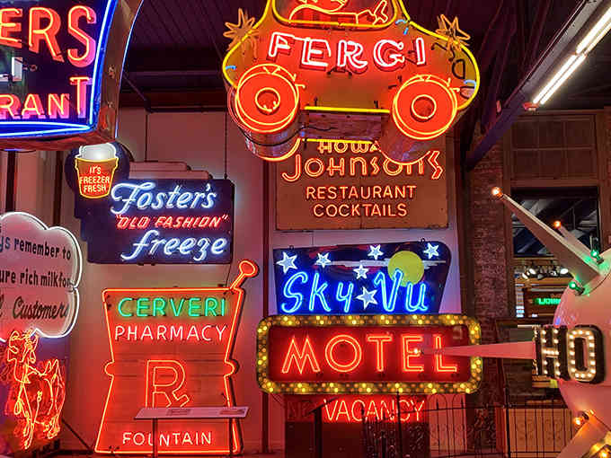 That vibrant wall of neon isn’t just decoration, it lights up a dazzling journey through classic American culture.