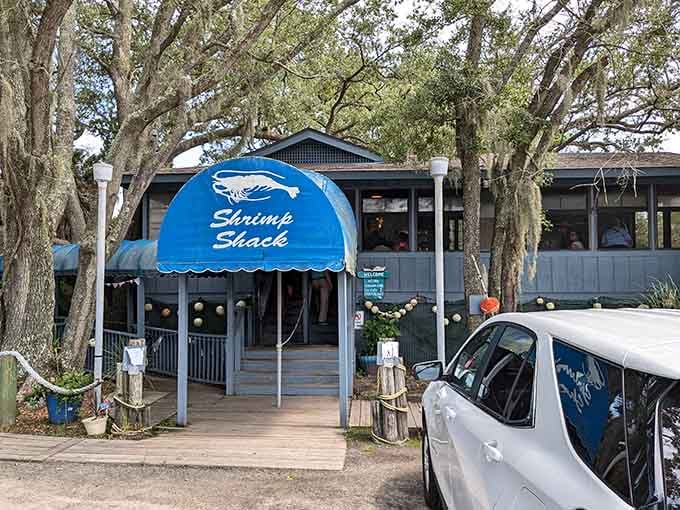 That blue awning isn't just charming, it's your beacon to some of the freshest seafood in the Lowcountry.