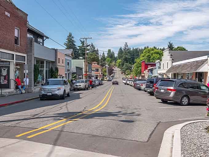 First Street stretches toward evergreen hills, proving main streets work better when they're actually maintained by main street people