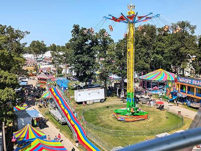 The fairgrounds spread out like a carnival dreamscape, where every path leads to another adventure waiting to happen.