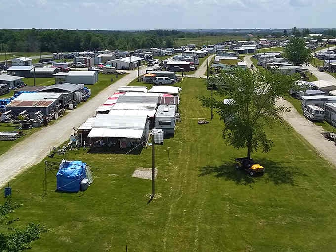 The aerial view reveals what happens when treasure hunters descend upon northeast Missouri like bargain-seeking locusts with excellent taste.
