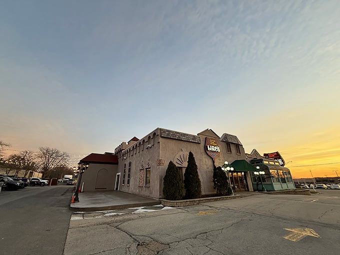 Sunset never looked so good framing a building that houses its own leaning tower and endless pasta possibilities.