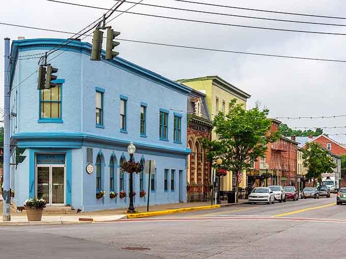 Those colorful buildings aren't just pretty, they're basically Goshen's way of refusing to blend into the background like every other town.