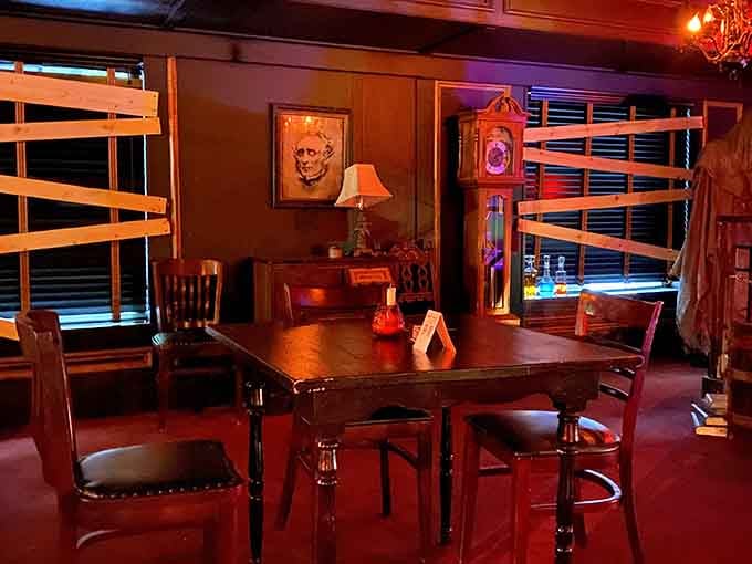That table setting whispers "intimate dinner party" while the skull on the wall screams "with very interesting guests."