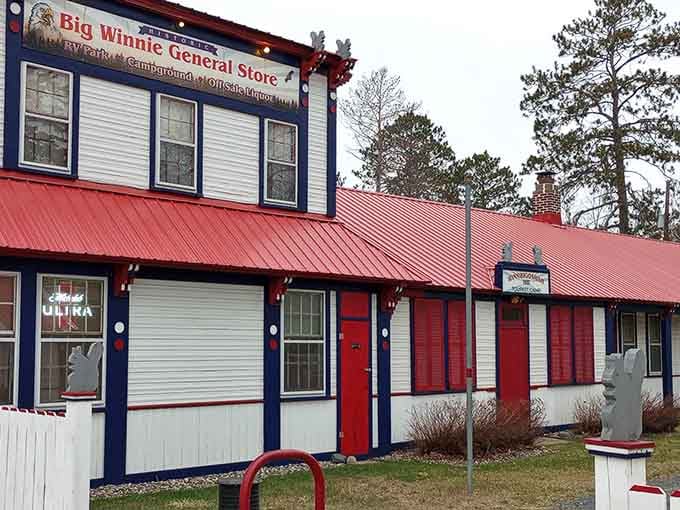 That red, white, and blue exterior isn't just patriotic, it's a beacon calling you to vintage treasures and cold refreshments.